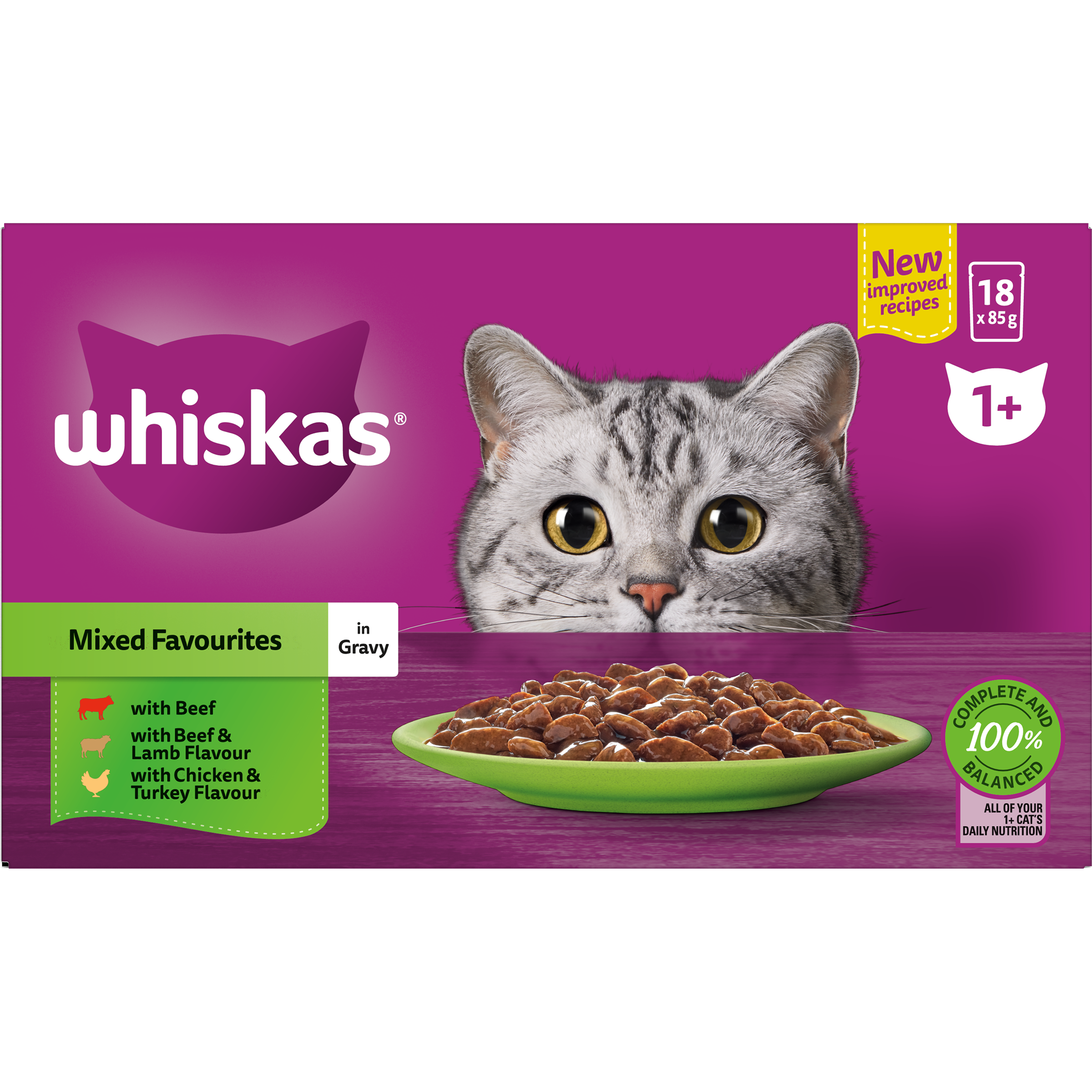 WHISKAS® Wet Cat Food Mixed Favourites In Gravy 18 x 85g Pouches