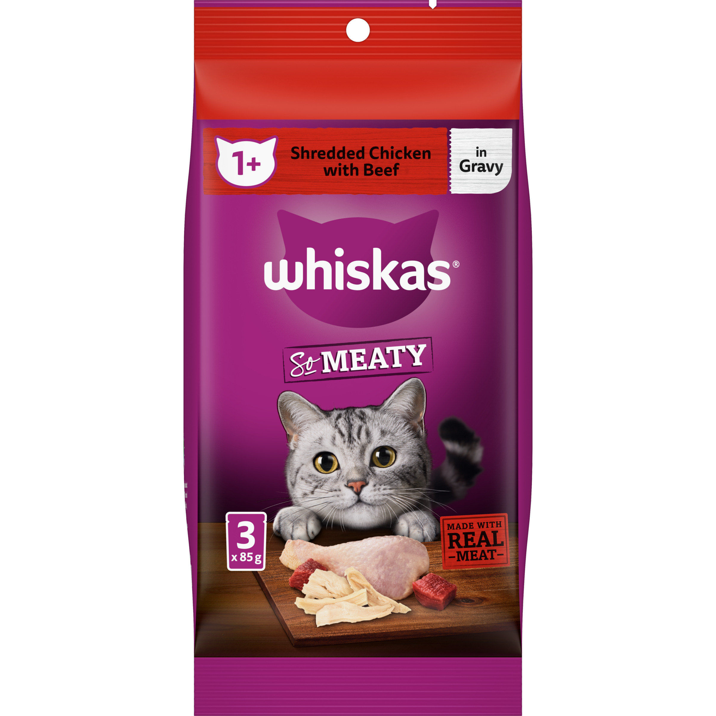 WHISKAS® Wet Cat Food Shredded Chicken with Beef In Gravy 3 x 85g Pouches
