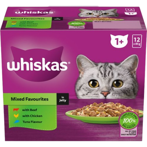 WHISKAS® Adult Wet Cat Food Mixed Favourites in Jelly 12 x 85g Pouches